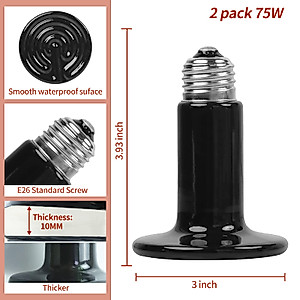 REPTI HOME 75W Ceramic Heat Emitter (2 Pack), Reptile Heat Lamp Bulbs, Ceramic Heater for Amphibian, Pet Brooder Coop, Chicken, Dog, Cat