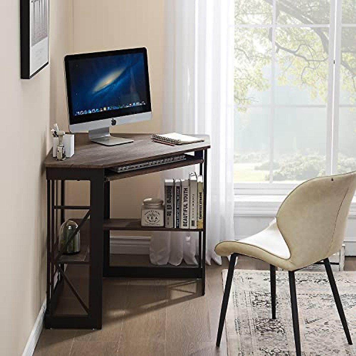 VECELO Corner Computer Desk Writing Smooth Keyboard Tray & Storage Shelves,Compact Home Office Triangle Table, Rustic Natural Brown