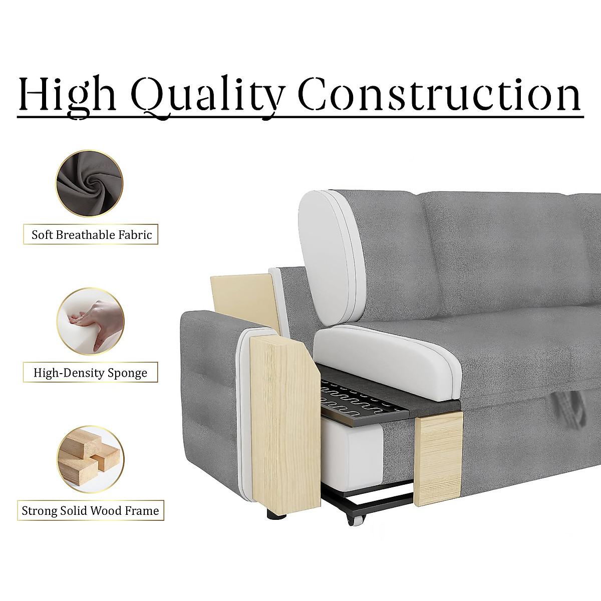 yoyomax L Shaped Sofa-82'' Sectional Sofa with Storage Chaises & Cup Holders, Pull Out Bed & Storage Space for Living Room, Apartment and Office, Light Grey(Left)