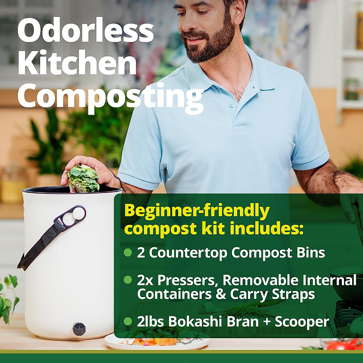 TeraGanix Bokashi Compost Bin + 2 Lb Bokashi Bran, Kitchen Countertop Composter, All Season Indoor Composting, Easily Drain Liquids, Odor Free, Airtight Lid, 2.5 Gallon (Olive, 2 Units)