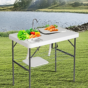Outvita Fish Cleaning Table Folding Portable Camping Sink Table with Sink Faucet Drainage Hose/Outdoor Camping Table with Grid Rack & Knife Groove,Fish Fillet Hunting Cleaning Cutting Table,White