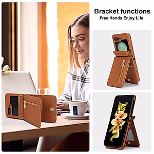 XIMAND for Samsung Galaxy Z Flip 5 Luxury Zipper Wallet Phone Case, Multi-Function Kickstand Card Holder Adjustable Crossbody Strap, Fashion Flip Case.(Brown)