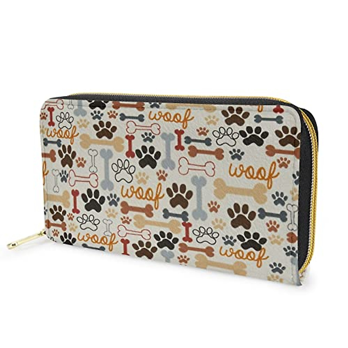 Brown Red Bone with Dog Paw Printed Women Travel Wallet, PU Leather Purse Coin Bag, Lovely ID Card Holder for Women