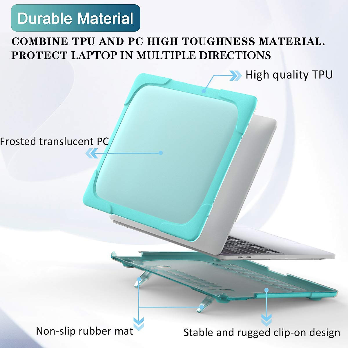Batianda Heavy Duty Case for MacBook Air 13 inch 2020 A2179 A1932 A2337 M1 Chip with Touch ID, Hard Shell Cover with Foldable Kickstand Shockproof Function and Keyboard Cover, Cyan