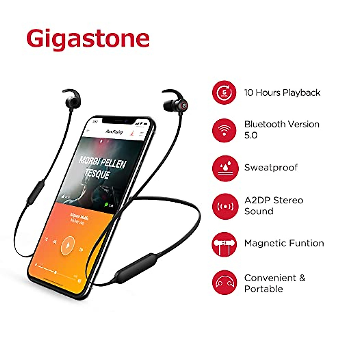 Gigastone Bluetooth 5.0 Neckband Sweat-Proof Headset with 10H Music Playtime, 240H Standby Time, Wireless Earphone for Sports Office with IPX4 Waterproof.