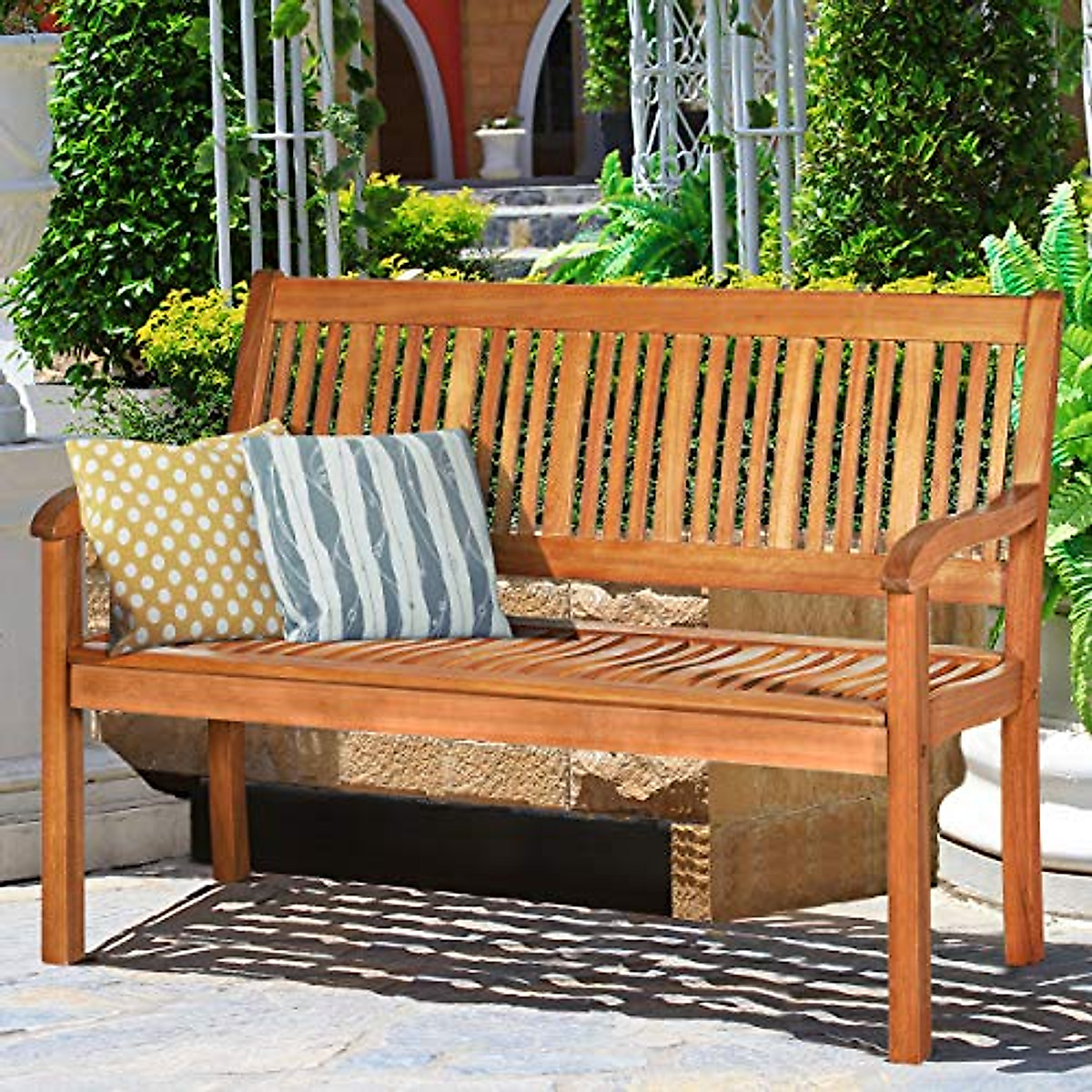 Tangkula Outdoor Wood Bench, Two Person Solid Wood Garden Bench w/Curved Backrest and Wide Armrest, Large Bench for Patio Porch Poolside Balcony, 50" L x 25" W x 36" H (Natural)