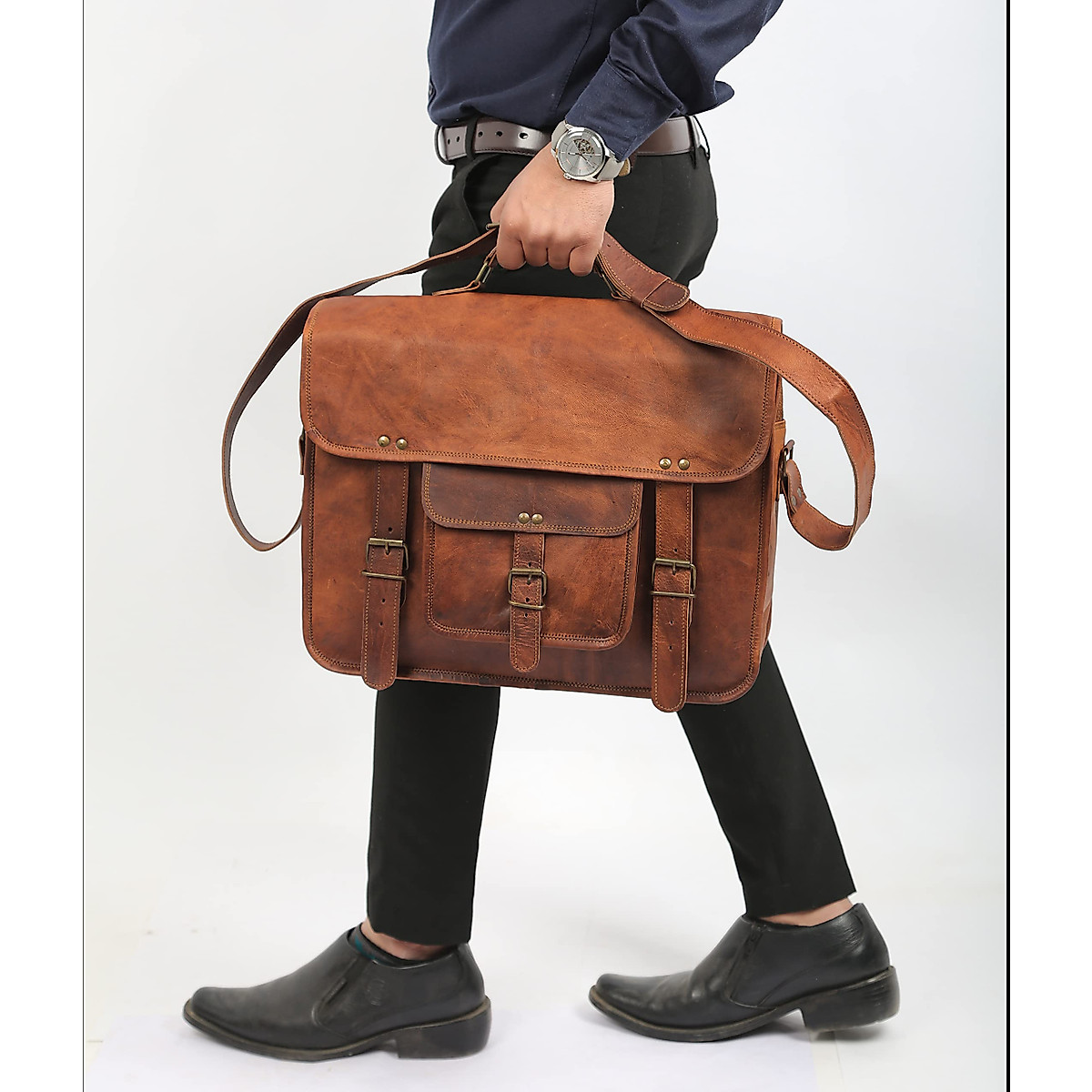 The Vintage Stuff 16" Handmade Leather Travel Messenger Office Crossbody Bag Laptop Briefcase College Satchel Computer Best Bag for Men and women Brown