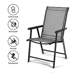 Giantex Set of 4 Patio Chairs, Outdoor Folding Chairs, Portable Dining Chairs for Garden Camping Poolside Beach Deck, Lawn Chairs with Armrest, 4-Pack Sling Chairs, Metal Frame, Grey