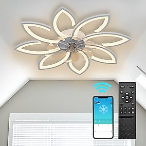 35''Ceiling Fans with Lights,Bladeless Ceiling Fan with Lights and Remote, Flush Mount Ceiling Fan with Dimmable LED Light,Modern Low Profile Ceiling Fan 6 Speed Wind Timing for Bedroom 90W (White)