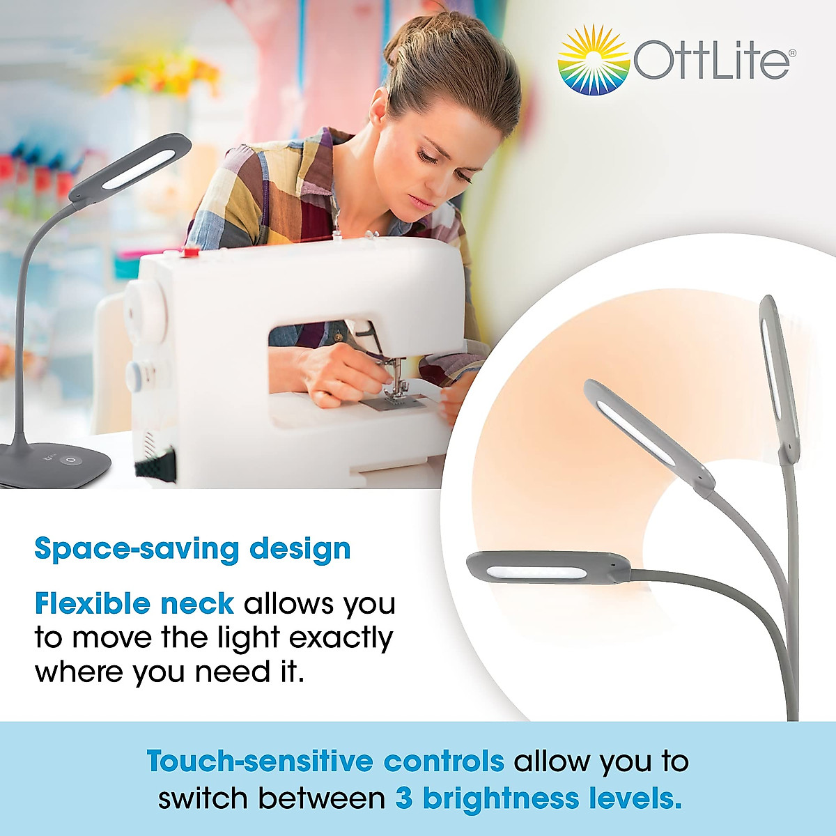 OttLite LED Soft Touch Desk Lamp - 3 Brightness Settings with Energy Efficient Natural Daylight LEDs - Adjustable Flexible Neck & Touch Controls for Tabletops, Home Office, Computer Desk, & Dorms