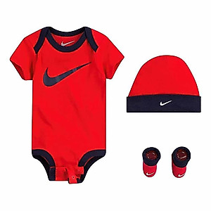 Nike Baby Hat, Bodysuit and Booties 3-Piece Gift Box Set, Red Swoosh, 0/6M