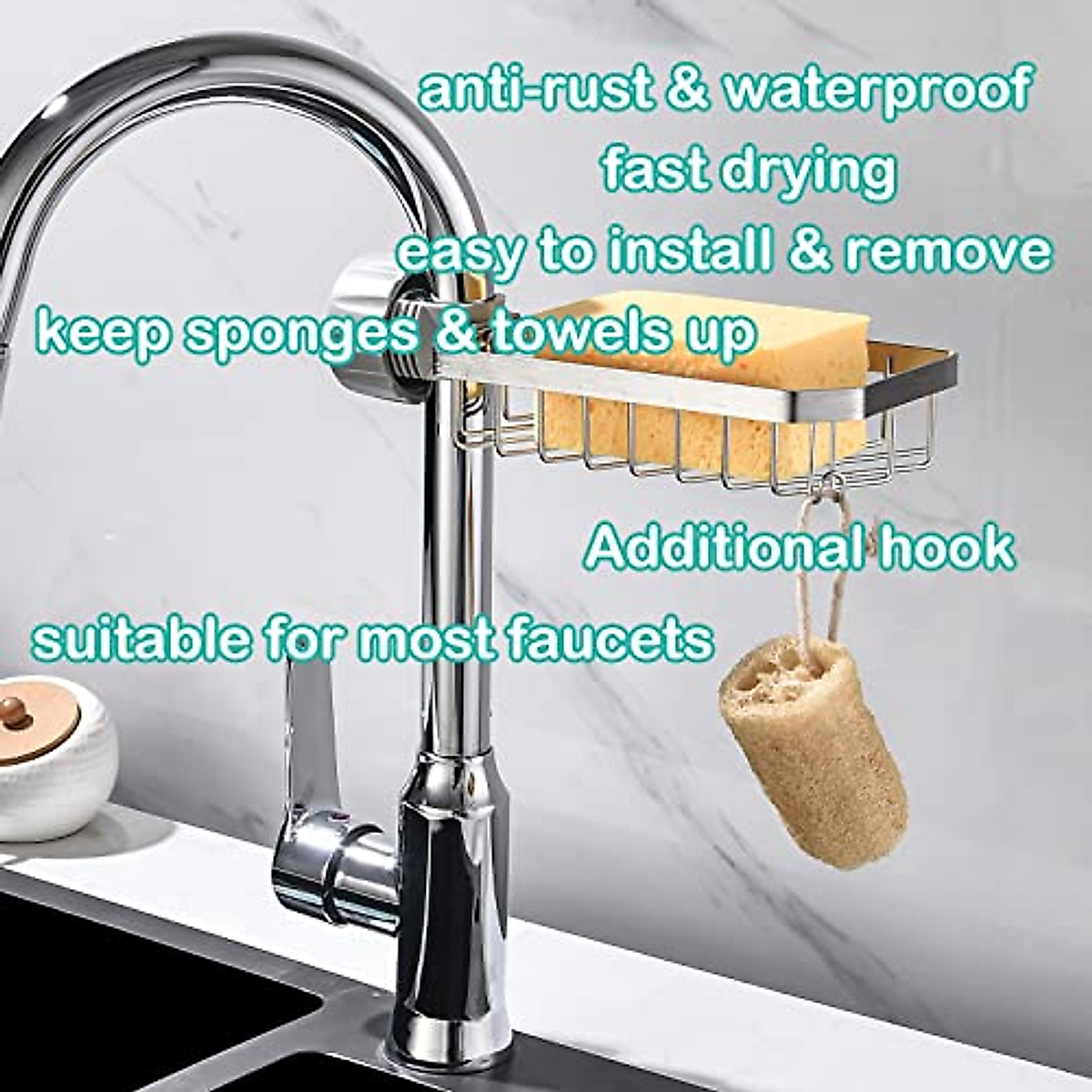 LONIN Sponge Holder Over Faucet Kitchen Sink Caddy Organizer, Stainless Steel Detachable Hanging Faucet Drain Rack for Bathroom, Scrubbers, Soap, Chrome