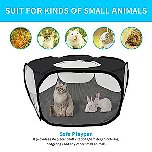 JIMEJV Guinea Pig Playpen, Waterproof Small Animals Playpen with Anti Escape Cover Portable Cat Playpen Breathable Indoor/Outdoor Yard Exercise Cage Tent for Hamster Puppy Chinchillas Rabbits(Black)