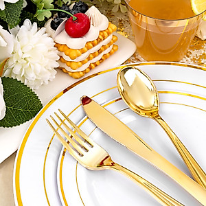 bUCLA 350PCS Gold Plastic Dinnerware Set - Gold Plastic Plates Disposable for 50 Guests Include 50 Dinner Plates,50 Dessert Plates,50 Forks,50 Knives,50 Spoons,50 Cups&50 Napkins for Party