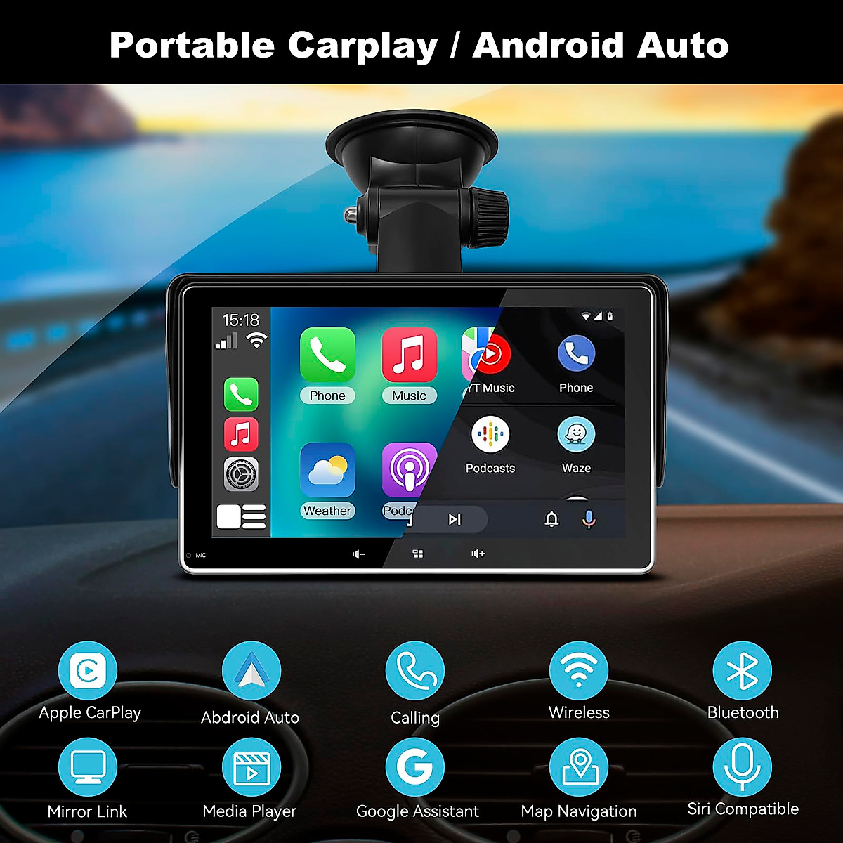 Hinine 7" HD Double Din Car Stereo with 720H Backup Camera, Portable Apple CarPlay Wireless Touch Screen Android Auto Automatic Multimedia Player with Mirror Link/Siri/Bluetooth/Navigation Screen