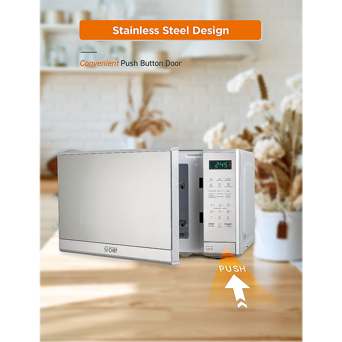 COMMERCIAL CHEF 0.7 Cu Ft Microwave with 10 Power Levels, 700W Microwave with Digital Display, Countertop Microwave with Child Safety Door Lock, Programmable with Push Button, Stainless Steel