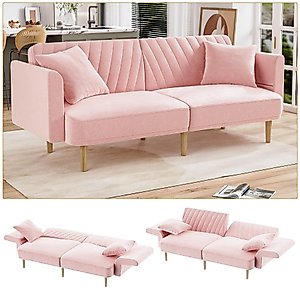 Nolohoo Velvet Futon Sofa Bed, Futon Couch, Small Sofa 75.3" Upholstered Comfy Loveseat Sleeper Sofa with Adjustable Armrests, Mid Century Couches for Living Room, Bedroom, Pink, Velvet
