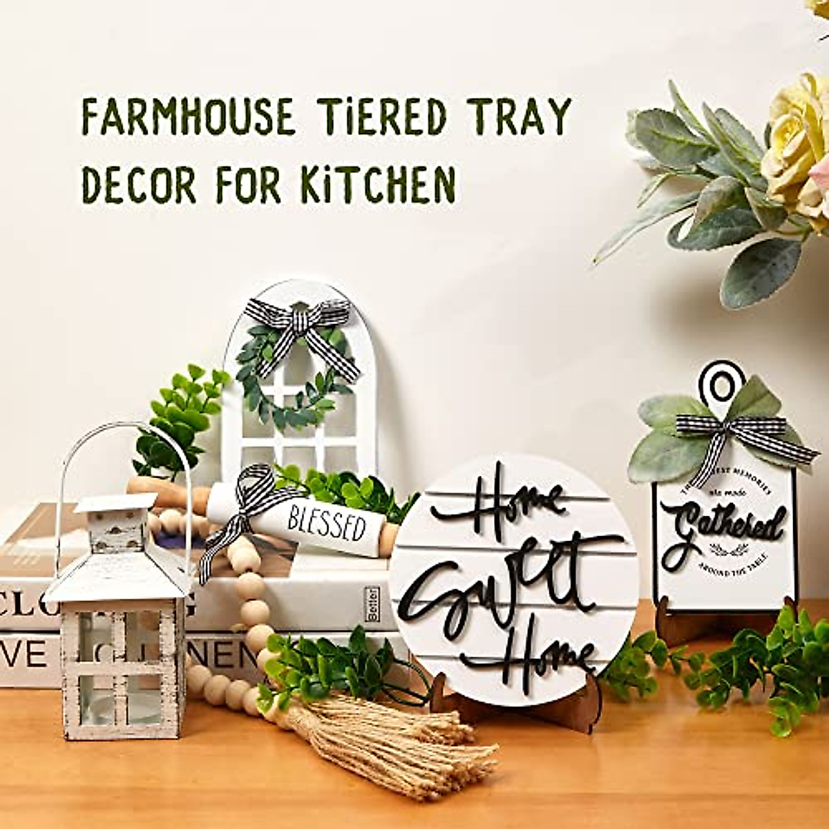 Houmury Set of 16 Farmhouse Tiered Tray Decor with 1 Lantern Artificial Plant& Cutting Board Sign for Rustic Home Sweet Home Kitchen Decor Tier Tray Decor Set
