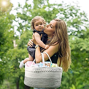 Shynek Rope Diaper Caddy Organizer Baby Diaper Caddy Basket Changing Table Diaper Nursery Basket with Removable Insert and Stroller Hooks Clips for Diaper Baby Shower Newborn Registry