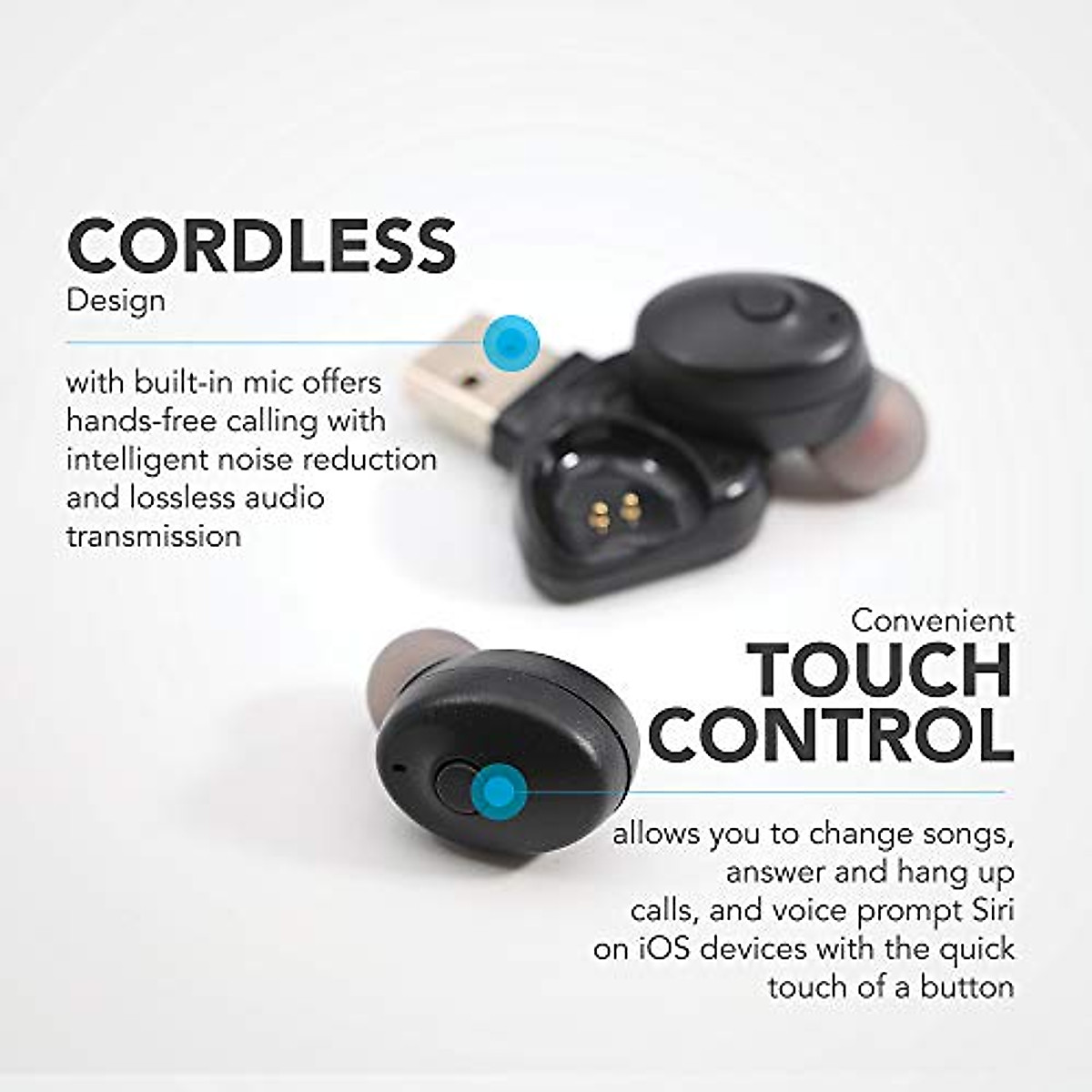 Wireless Gear True Wireless Bluetooth 5.0 Mini Earbuds with USB Charging Base, Black