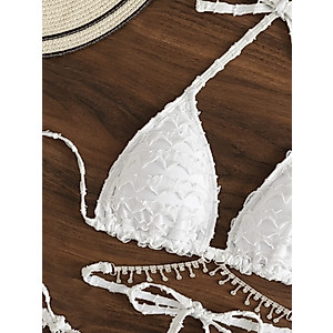 WDIRARA Women's Lettuce Trim Rhinestone Halter Triangle Bikini Set 2 Piece Swimsuit White S