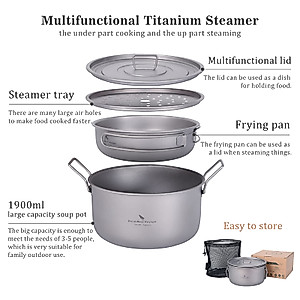 Boundless Voyage Titanium 1900mL Pot and 900mL Fry Pan Set with Steaming Rack and Lid Multifunctional Steamer Stockpot Outdoor Cooking Ultra Light Camping Cookware