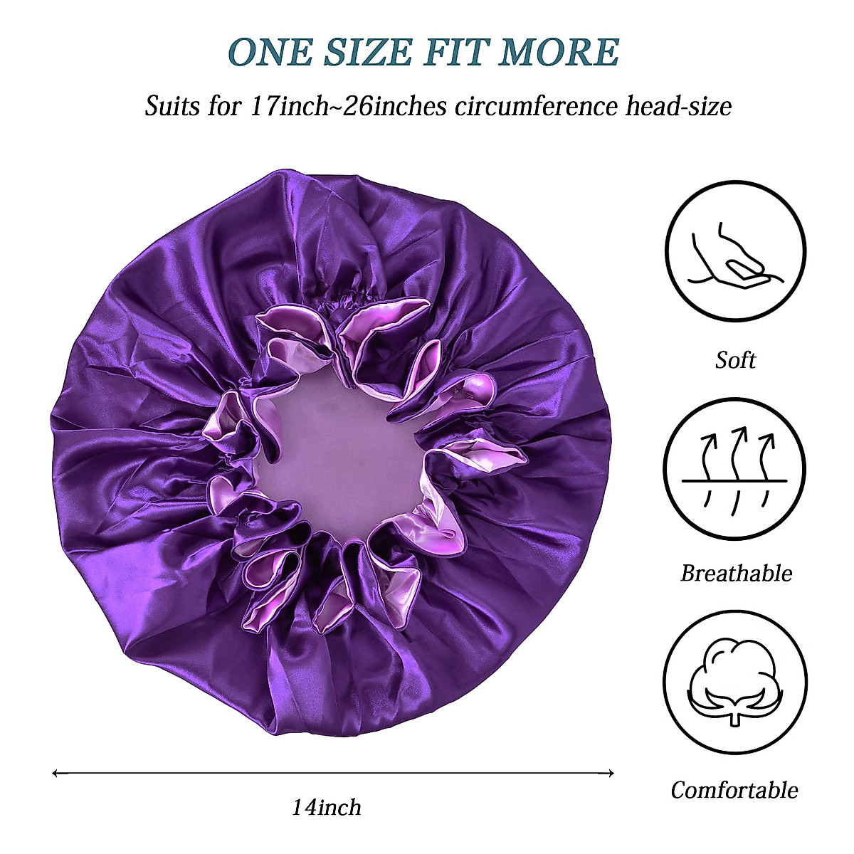 COOLCHI 2 Pieces Satin Bonnet Cap Elastic Double-Layer Silk Sleeping Head Cover for Women Adjustable Lined Hair Wrap for Long Curly Hair (Khaki+Purple)