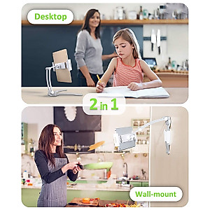 AYADA Kitchen Cabinet Tablet Holder, 2 in 1 Wall Mount Desktop Stand for ipad 12.9 Aluminum Alloy Metal Adjustable Multiangle Foldable Universal Phone Tablet Bracket Cooking Table Counter Top (Silver)