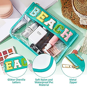 3 Pcs Chenille Letter Clear Zipper Pouch for Travel Waterproof Cosmetic Pouch Clear Snack Bags Nylon Travel Gym Beach Bag Multipurpose Makeup Bag for Women Girl (Candy Color, Beach, Phone, Things)