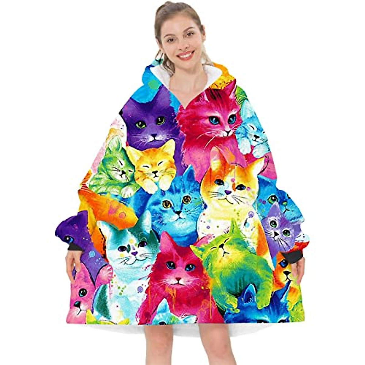 EZERILA Ink Color Cat Wearable Blanket Hoodie for Women Men Adults Teens Sherpa Fleece Oversized Hooded Sweatshirt Blanket with Pockets
