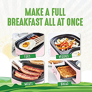 GreenLife 3-in-1 Breakfast Maker Station, Healthy Ceramic Nonstick Dual Griddles for Eggs Meat and Pancakes, 2 Slice Toast Drawer, Easy-to-use Timer, Pink