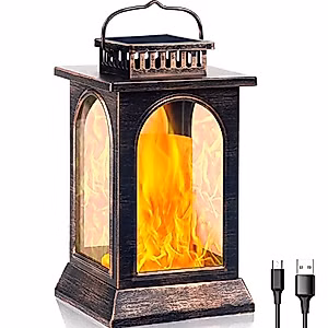 TomCare Solar Lights Outdoor Upgraded Metal Flickering Flame Solar Lantern Outdoor Hanging USB Charged & Larger Size Decorative Lanterns Waterproof LED Decorations Lighting for Patio Garden, 1 Pack