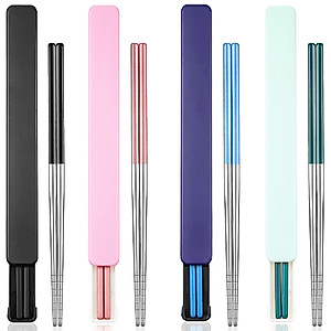 4 Pairs Portable Chopsticks with Case Stainless Steel Chopsticks Reusable Portable Utensil for School Home Office Camp Travel Bento Box