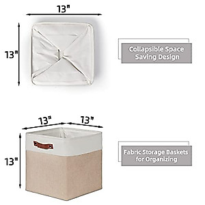 HNZIGE Fabric Baskets Storage Cubes Baskets Set(4 Pack) Large Cube Baskets for Shelves,13x13x13 Storage Cube Bins for Storage with Leather Handles for Home, Toys, Clothes, Kids Room, Closet Storage(White&Beige)
