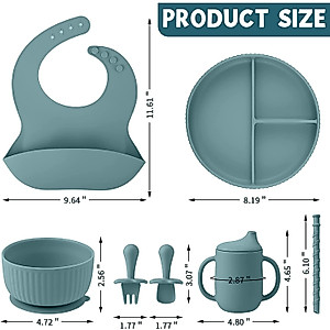 Silicone Baby Feeding Set, 2 Adjustable Bibs with Food Collectors, 1 Suction Cup Divider, 1 Suction Cup, 1 Sippy Cup,1 Stage 1 Spoon and 1 Fork, Baby Led Weaning Utensils,Toddler Self Feeding Set