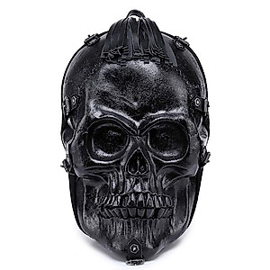 HANXIUCAO 3D Stereo Skull Backpack PU Backpack Waterproof Silicone Embossed Ghost Head Knapsack, Black, Medium