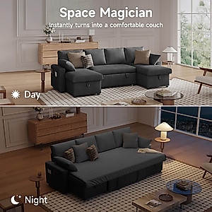 Winlice 4-in-1 Sofa Bed, U Shaped Sleeper Sofa with Pull Out Bed and Double Storage Chaise Sectional Couch for Living Room, Apartment and Hotel, Dark Gray