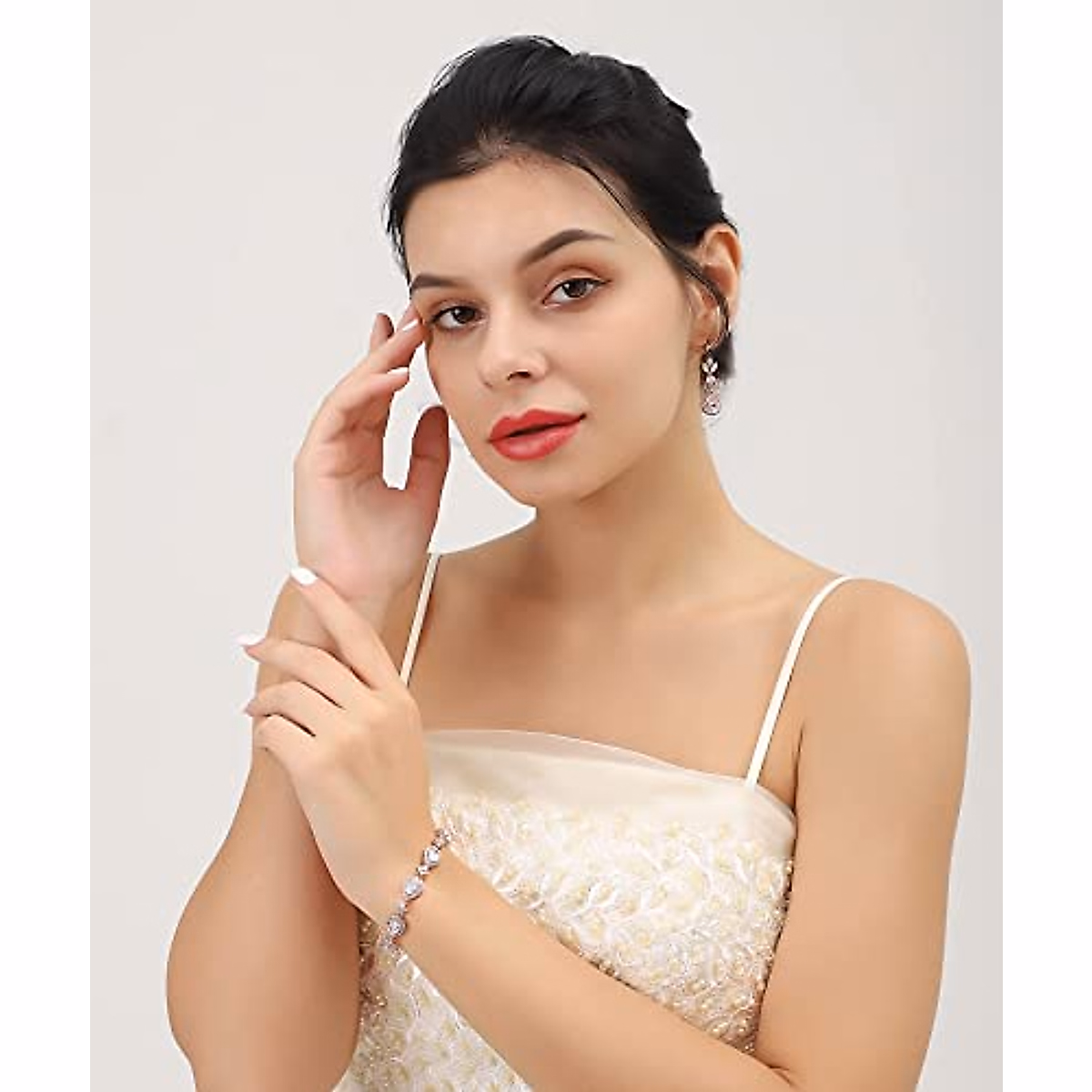 UDYLGOON UDORA Cubic Zirconia Teardrop Brides Bridesmaids Earrings Bracelet Jewelry Set Wedding Parties Prom (Rose Gold)