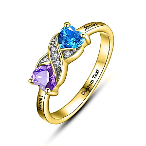 Birthstone Rings Promise Ring for Mothers Her Best Friend 2 Personalized Day Mother Daughter Jewelry Women Friendship Gifts Couple Engagement Heart Double Name Two Engraved Custom Sterling Silver (Silver-11)