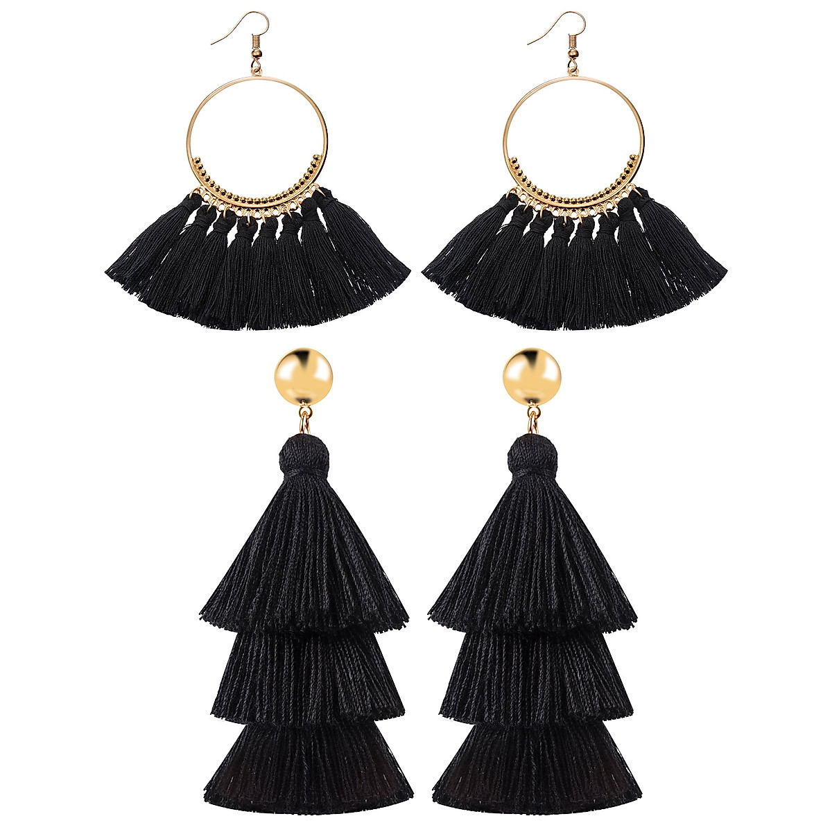 Hestya 2 Pairs Tassel Earrings for Women Girls Handmade 3 Tiered Tassel Dangle Earrings and Gold Hoop Earrings (Black)