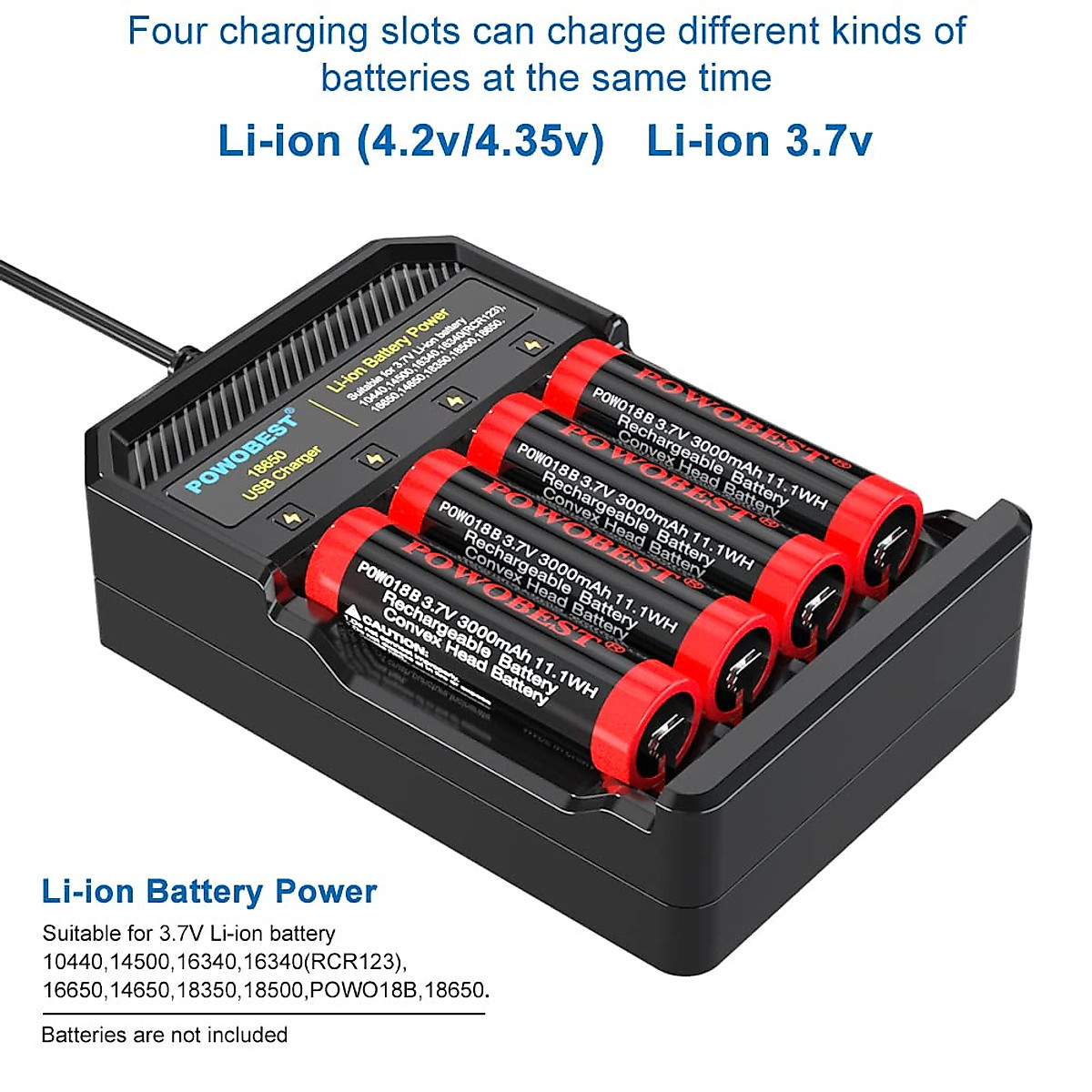 POWOBEST 18650 Battery Charger, 4 Bay USB Smart Universal Battery Charger Compatible with 3.7V Li-ion IMR INR 14500 14650 18350 18500 18650 RCR123A 18490 16340 17670 POWO18B Batteries Charger
