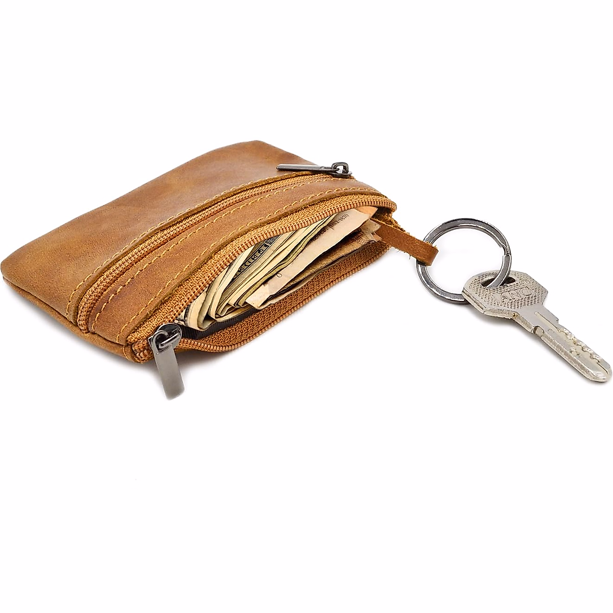 Women Genuine Leather Coin Pouch Zip Mini Purse Wallet Key Chain Double Zipper