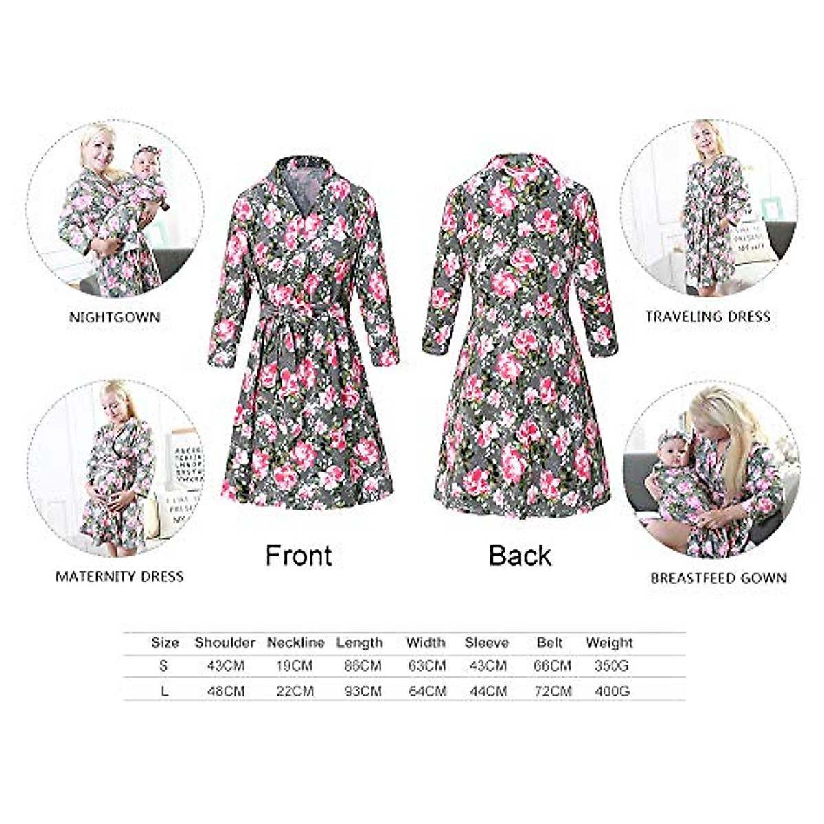 4 Pack Maternity Robe and Matching Baby Swaddle Blanket with Hat Headband Set, Stretchy Knitted Delivery Robe with Pockets and Swaddling Wrap for Mummy and Baby (Pink Flower)