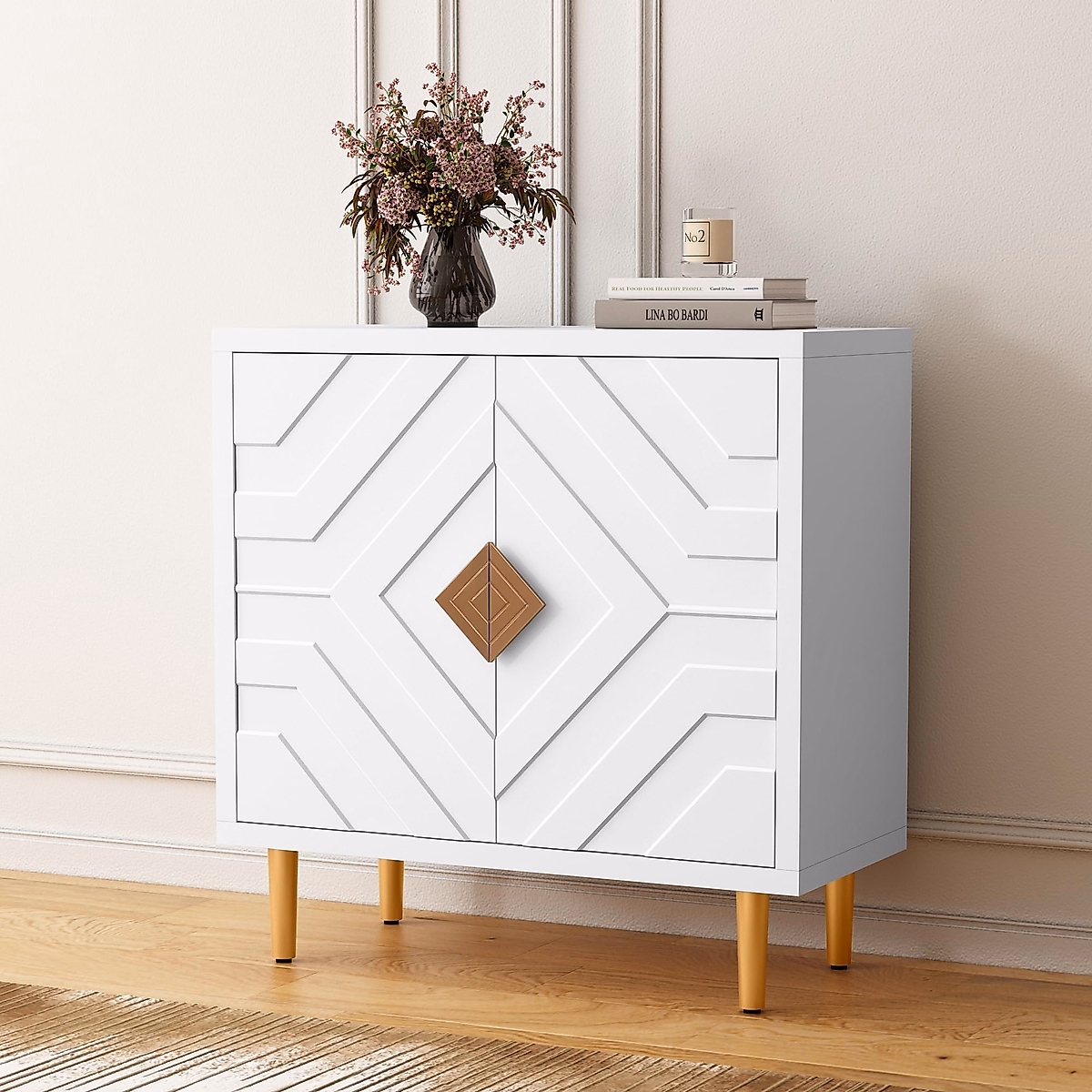 HLR Storage Cabinet with 2 Doors, Accent Cabinet with Decorative Embossed Pattern Doors, Buffet Cabinet Sideboard for Living Room, Kitchen, Dining Room, Hallway