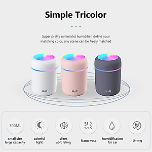 Kamon 300ml Mini Ultrasonic Cool Mist Humidifier, 7 Color LED Night Light, 2 Mist Mode, Auto Shut-Off for Car, Home, Office, Travel (Pink)