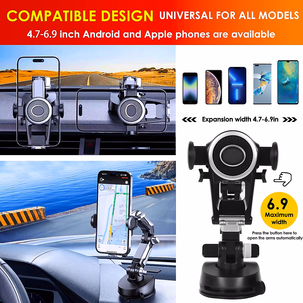 Heavy-Duty Truck Phone Holder Mount for Dashboard and Windshield - 16.9-inch Long Arm, Super Suction Cup, and Ultimate Stability -Sleek Gray Design, Perfect for Pickup Trucks