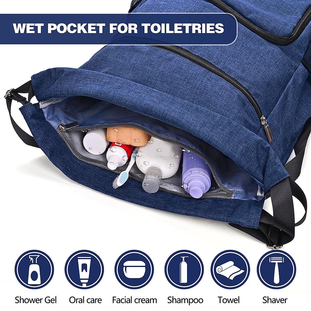 BAVELOE Drawstring Backpack Sports Gym Bag Wet Pocket & Shoe Compartment, Water-Resistant String Bag for Women Men(Navy Blue)