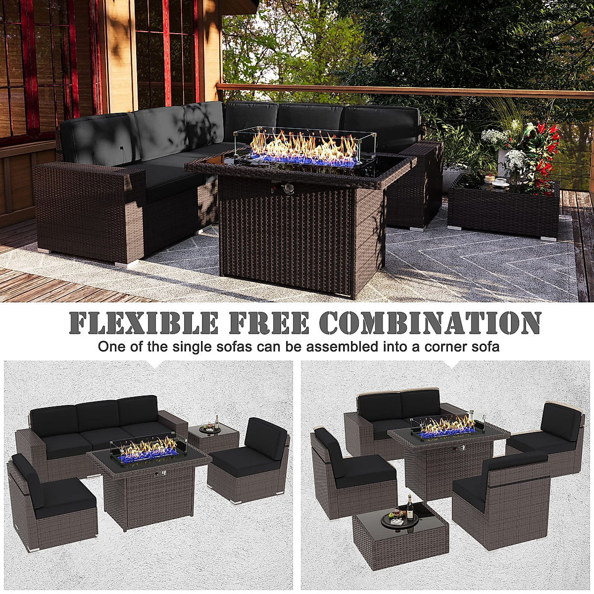 Vakollia 7 Pieces Patio Furniture Set with 44" Propane Gas Fire Pit Table, Outdoor Sectional Brown Rattan Wicker Conversation Sofa Sets with Coffee Table
