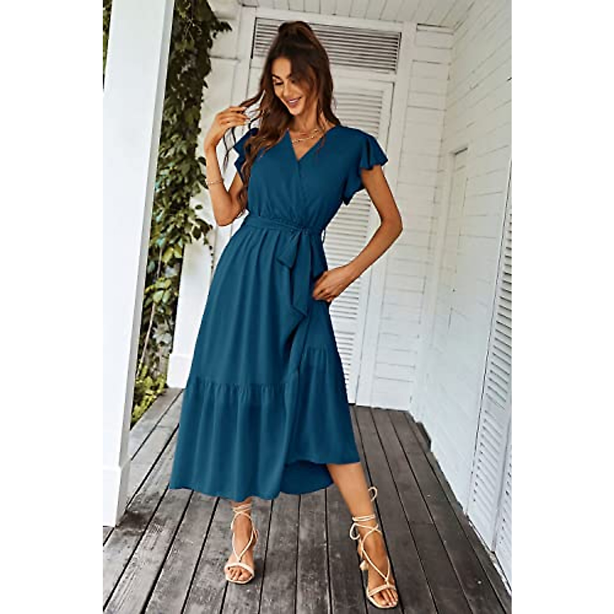 PRETTYGARDEN Women's 2023 Floral Boho Dress Wrap V Neck Short Sleeve Belted Ruffle Hem A-Line Flowy Maxi Dresses (Solid Lake Blue,X-Large)