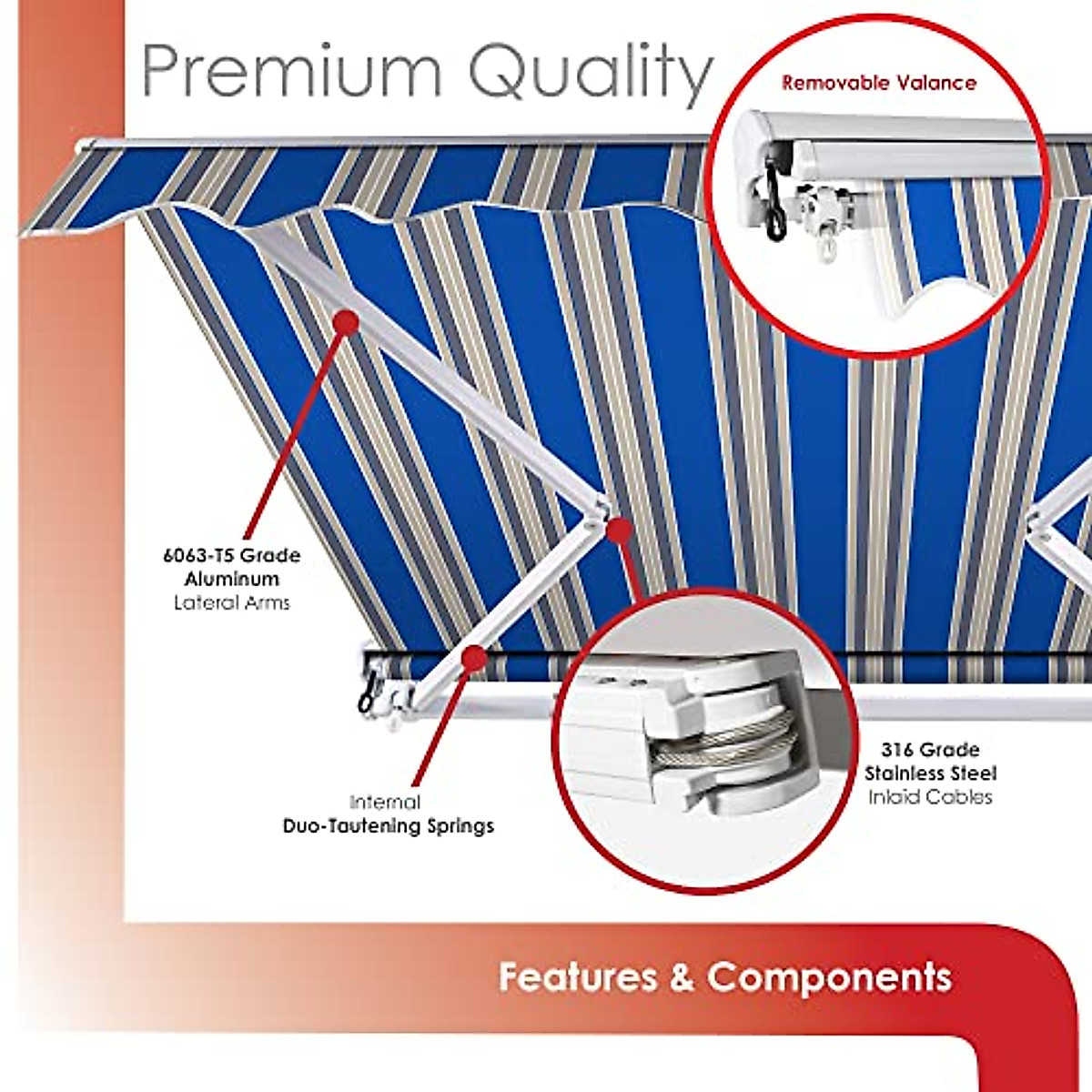 ADVANING MA1210-A447H2 Luxury Series, Premium Quality Manual Retractable Patio Awning, 100% Solution Dyed European Acrylic Easy UV Sunshade Manual Hand Crank, 12'x10', Ocean Blue - Sand Beige Stripes